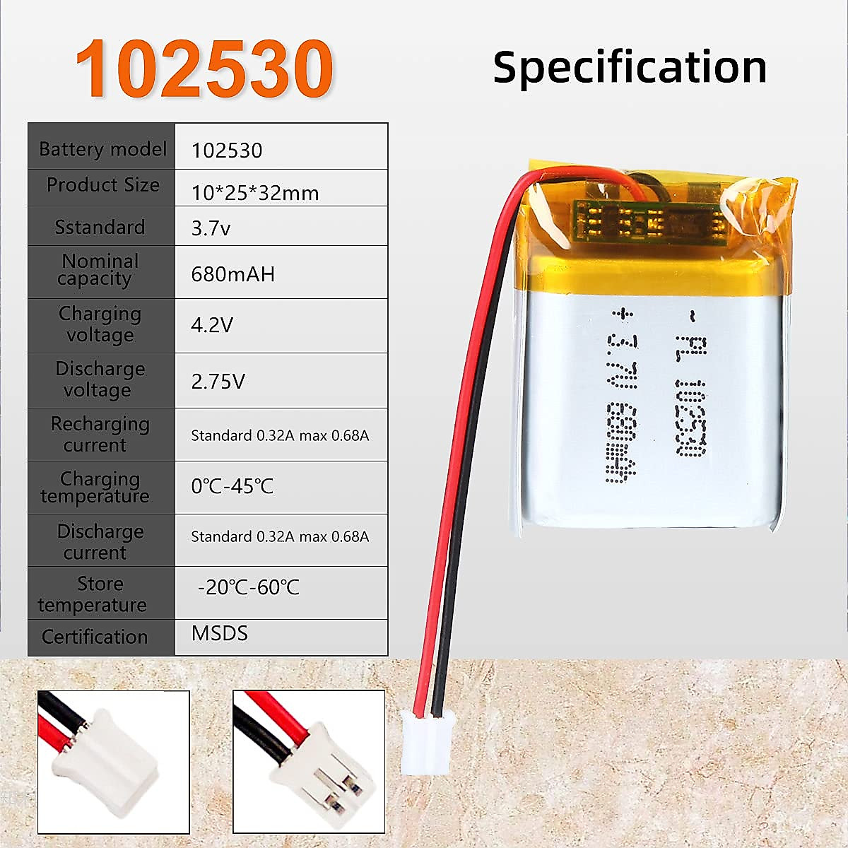 YDL 3.7V 680mAh 102530 Lipo battery Rechargeable Lithium Polymer ion Battery Pack with JST Connector