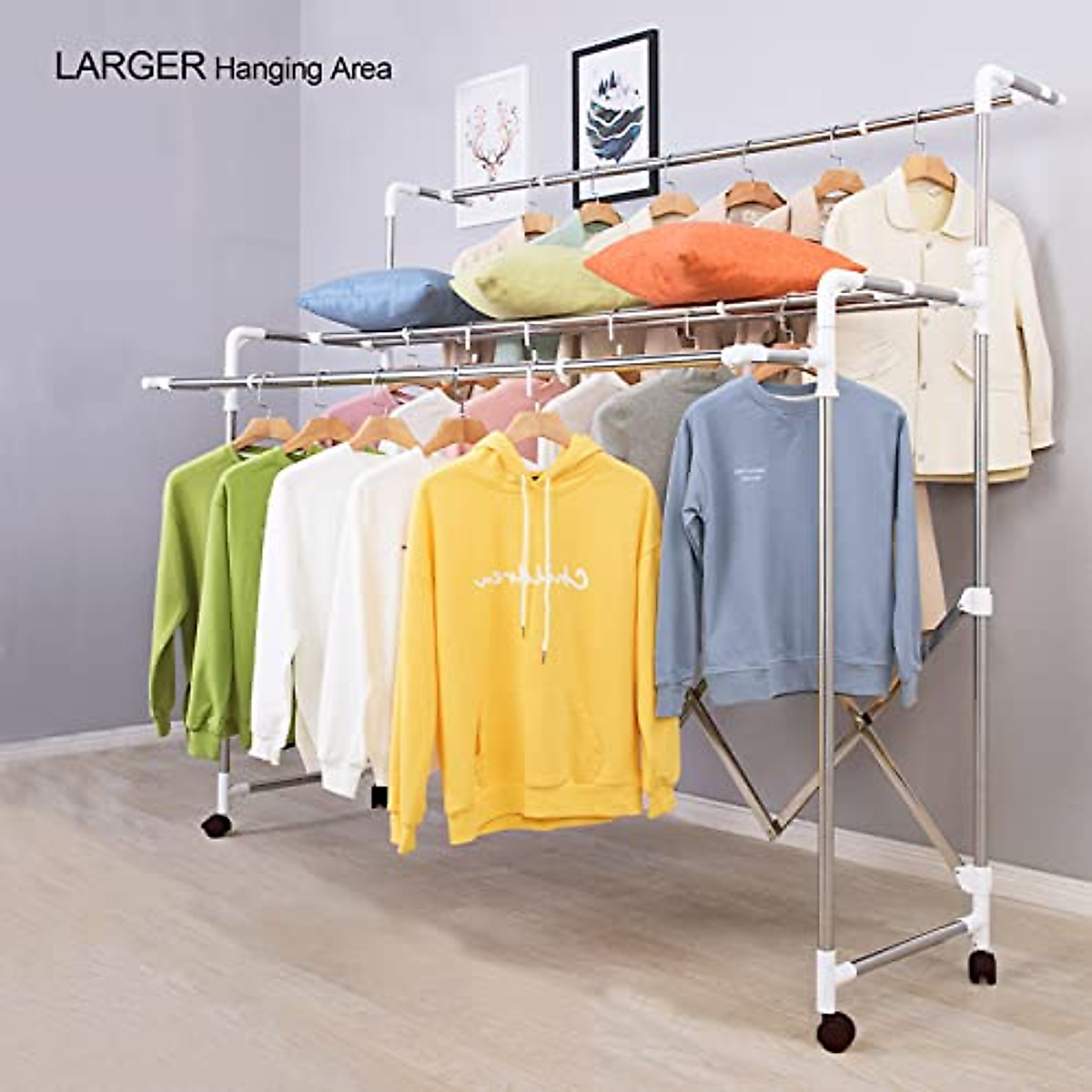 RYGOAL Clothing Racks for Hanging Clothes, 3 Tier Heavy Duty Garment Rack with Retractable Hanging Pole and 360° Rolling Casters, Multifunctional Bedroom Clothes Rack Freestanding Closet Wardrobe Rack