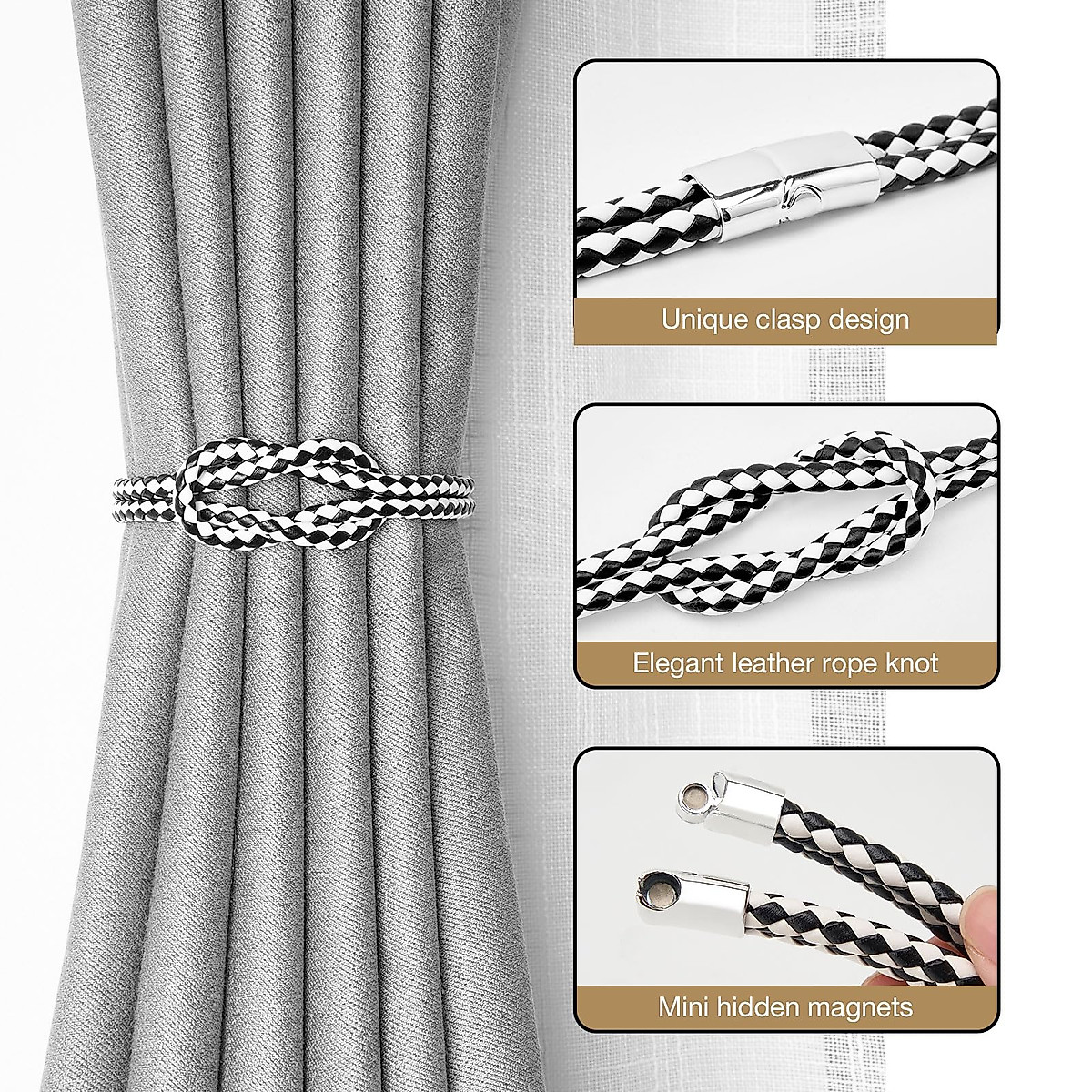 NICEEC 2 Pack Magnetic Snap Type Curtain Tiebacks Leather Fashion Style Drape Tie Backs Elegant Rope Knot Decorative Curtain Holdbacks for Home & Office Window Drapery (Black & White)