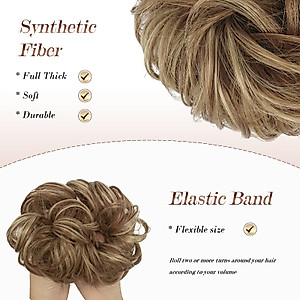 FESHFEN Messy Hair Bun Hair Pieces Wavy Curly Hair Bun Scrunchies Extensions Synthetic Chignon Hairpieces for Women Girls, Brown & Blonde 1 PCS