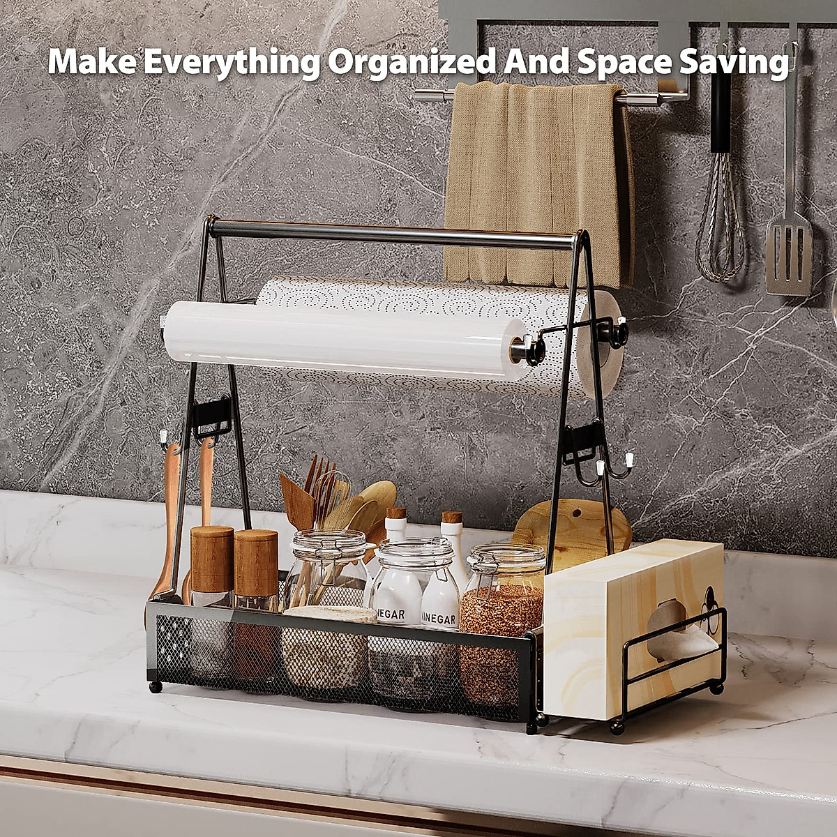 WHITE TIGER Grill Caddy for Camping, Picnic Caddy for Plates and Utensils, BBQ Caddy with Paper Towel Holder for Outdoor, Camper Must Haves for Barbecue Accessories Storage Organizer (Black)