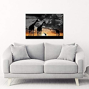 SkenoArt Giraffes Canvas Wall Art Africa Golden Sunset Landscape Poster Animal Family Picture Prints Black and White Poster Wall Decoration for Home Living Room Bedroom Bathroom Decor 16"x24"