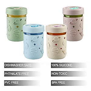 PandaEar 4 Pack Kids & Toddler Glass Cups, Glass Mason Jar Cups 8.45 oz with Silicone Sleeves & Straws, Toddler Spill-Proof Smoothie Cups