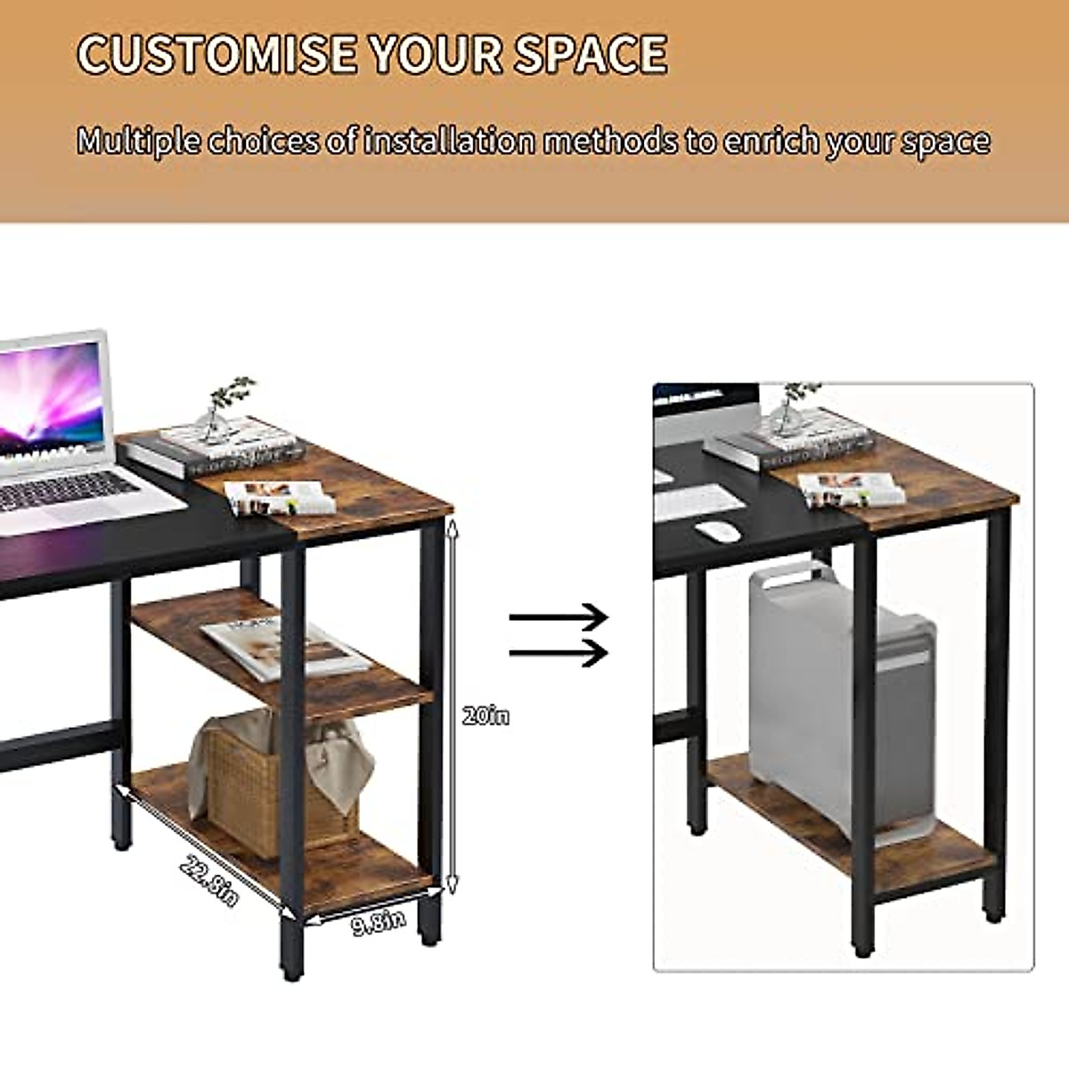 soges 55.1 Inch Home Office Computer Desk, Study Writing Table Desk with with Splice Board, Wooden Study Working Table Desk with 2-Tier Storage Shelf,Modern Laptop PC Table