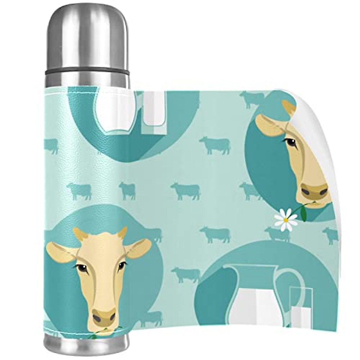 Cow Heads and Milk Jug Stainless Steel Water Bottle, Leak-Proof Travel Thermos Mug, Double Walled Vacuum Insulated Flask 17 OZ