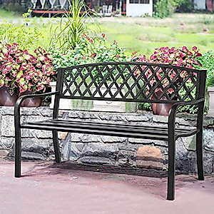 Metal Garden Park Bench,50in Powder Coated Iron Steel Frame Patio Bench wCross Design Backrest & Slatted Seat,Exquisite Grid Embellishment Patio Metal Bench for Front Porch Yard Lawn Deck,Black