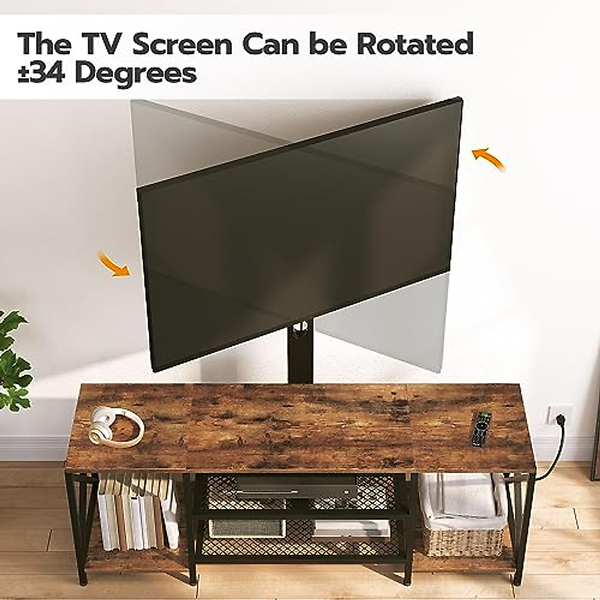 HOOBRO TV Stand with Mount and Power Outlet 55.1", Entertainment Center with Swivel TV Mount for TVs Up to 75", TV Stand Mount with Storage Shelves for Living Room, Bedroom, Rustic Brown BF146UDS01