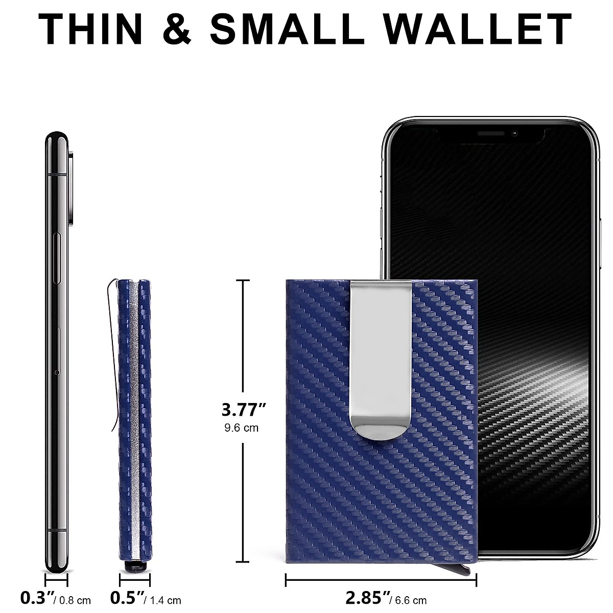 SLUKULU Slim Wallet for Men with Money Clip and Credit Card Holder, RFID Blocking Carbon Fiber Wallet,Minimalist Pop-Up Metal Front Pocket Wallet.(Blue)