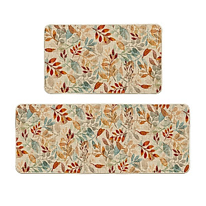 Artoid Mode Watercolor Leaves Eucalyptus Fall Kitchen Mats Set of 2, Home Decor Low-Profile Kitchen Rugs for Floor - 17x29 and 17x47 Inch