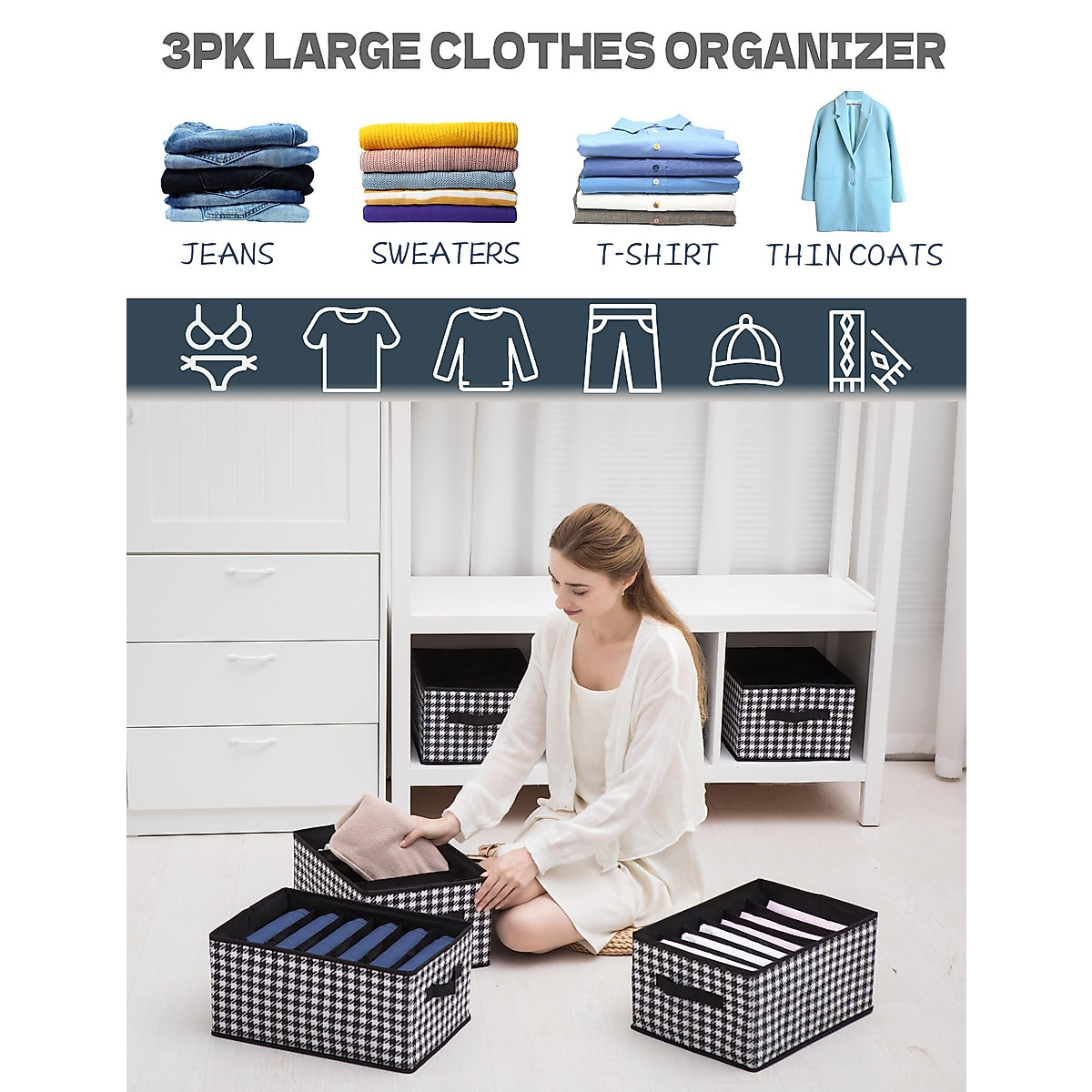 MYTHAUS 3 Pack Large Wardrobe Clothes Organizer, 6 Grid Closet Organizer for Jeans, Pants, T-Shirts, Underwear, Scarf, Foldable Fabric Drawer Organizer Storage Bin with Dual Handles, Black and White