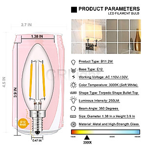 CRLight LED Candelabra Bulb 25W Equivalent 250 Lumens, 3000K Soft White 2W Filament LED Chandelier Light Bulbs, E12 Vintage Edison B11 Clear Glass Candle Bulbs, Non-dimmable Version, 12 Pack
