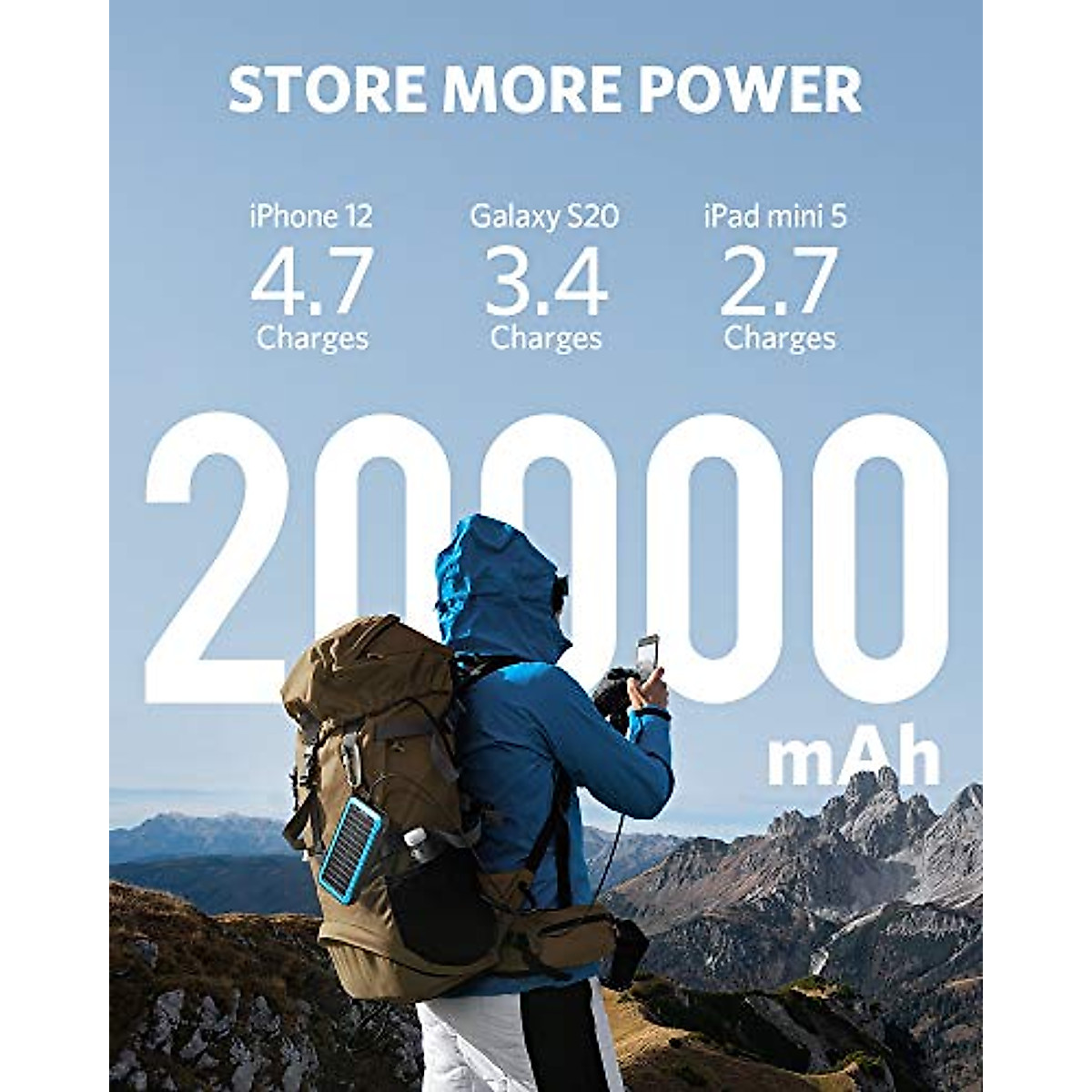 Anker PowerCore Solar 20000, 18W USB-C Power Bank 20,000 mAh with Dual Ports, Flashlight, IP65 Splash Proof and Dustproof for Outdoor Activities, Compatible with Smartphones and Other Devices