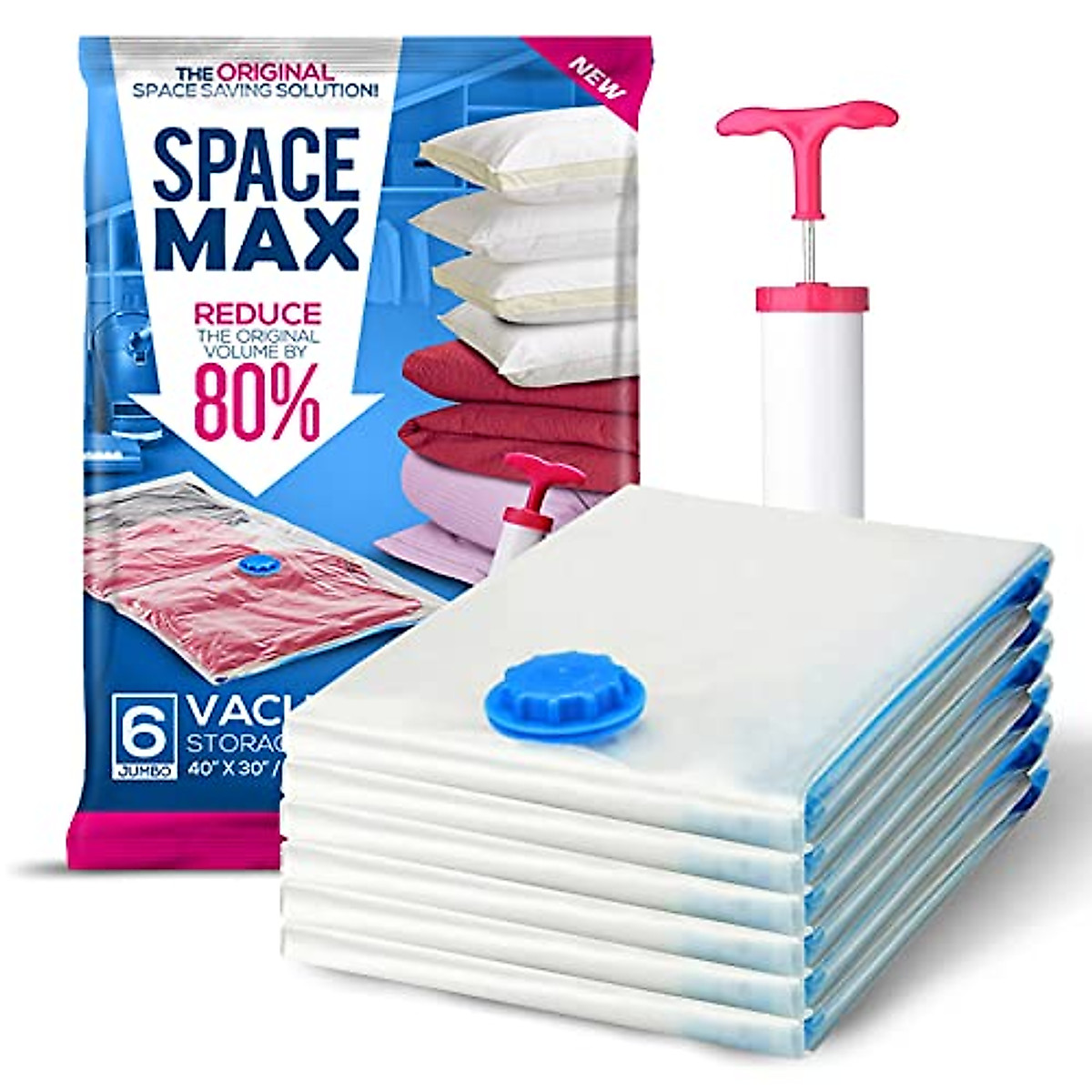 Jumbo 6 Pack | SPACE MAX Premium Space Saver Vacuum Storage Bags - Save 80% More Storage Space - Reusable, Double Zip Seal & Leak Valve, Includes Travel Hand Pump