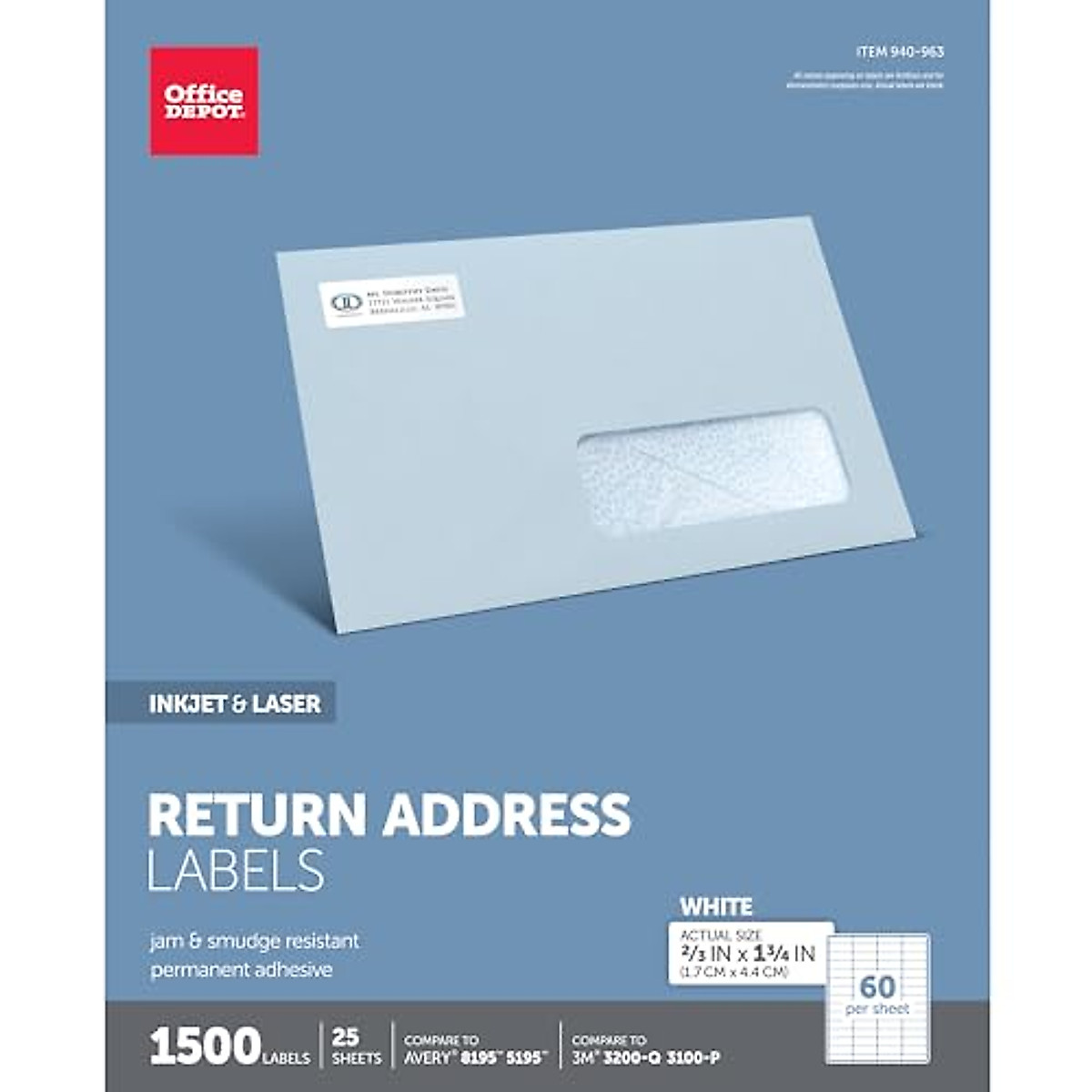 Office Depot White Inkjet/Laser Return Address Labels, 2/3in. x 1 3/4in., Pack of 1,500, 505-O004-0015