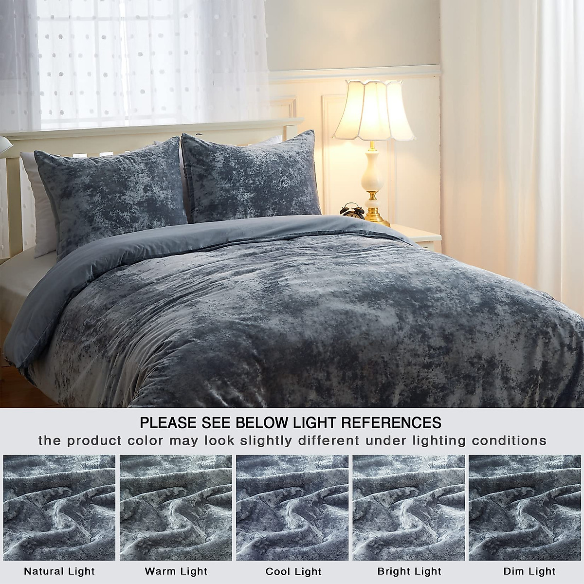 CROMIO Grey Velvet Duvet Cover King Size - Super Soft Flannel Bedding Set with Button Closure and Corner Ties - Luxurious Shimmery Comforter Cover Set for Home Decoration