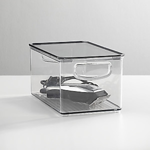 mDesign Deep Plastic Bathroom Storage Bin Box, Lid/Built-In Handles, Organization for Makeup, Hair Styling Tools, Toiletry Accessories in Cabinet, Shelves, Ligne Collection, 4 Pack, Clear/Smoke Gray