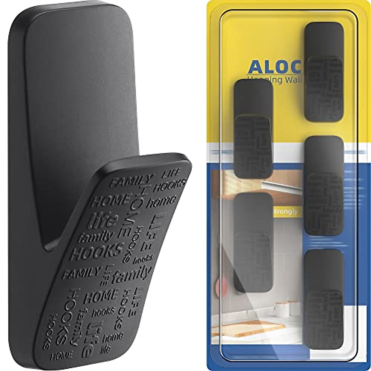 ALOCEO Sticky Hooks for Hanging 5 Pack, Plastic Adhesive Hooks Towel Hooks for Bathrooms Kitchen Dorm Room Wall, Black