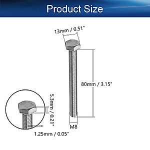 Yinpecly M8 Hex Bolt M8-1.25 x 80mm UNC Hex Head Screw Bolts 304 Stainless Steel Fully Threaded Hex Tap Bolts 4pcs