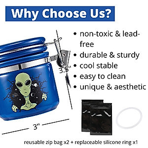 Alien Smell Proof Jar Half Oz (250ml), Separate Space for Humidity Pack To Keep Herbs Fresh For Months - Ceramic Smell Proof Containers, ET Stash Jar with Clamp Lid - Double Sealed Airtight Jar - Blue