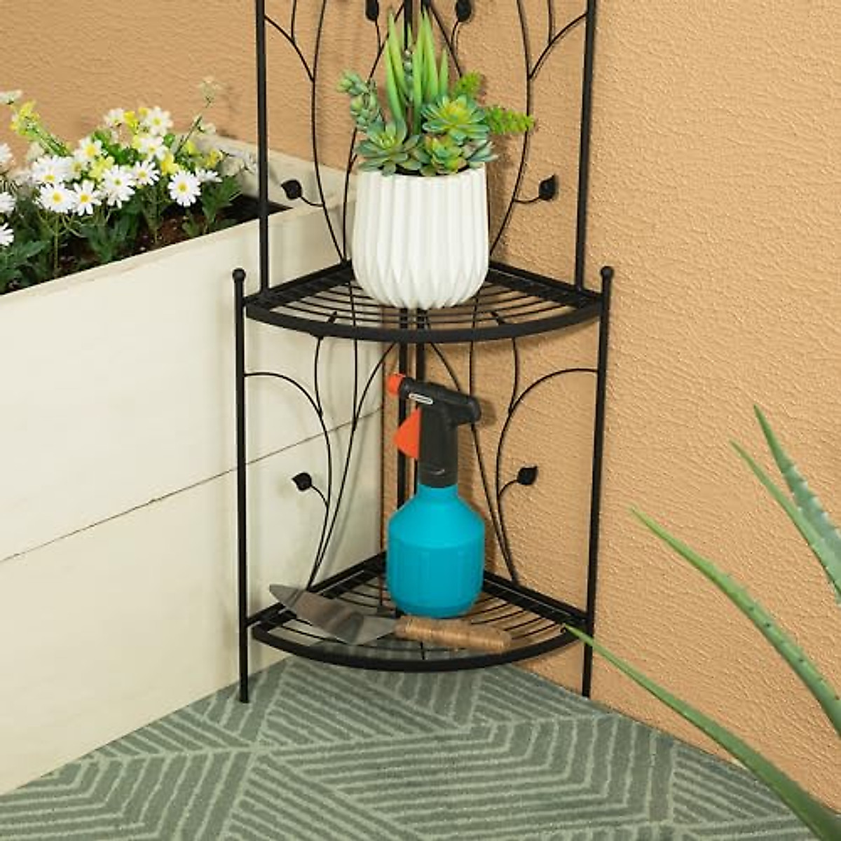 glitzhome 3-Tier Planter Shelf, Organizer Rack flower pot plant stand Indoor Outdoor Metal Planter for Garden and Home, Matte Black
