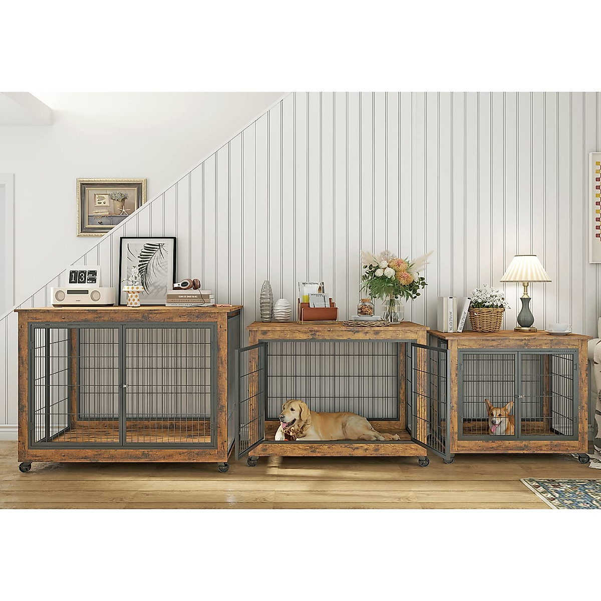 IchbinGo Dog Crate Furniture, Wooden Dog Crate Table, 43.7" Dog Kennel with 3 Doors, Flip-up Top Opening and Wheels, Decorative Pet Crate House for Large/Medium/Small Dog Indoor Use (Rustic Brown)