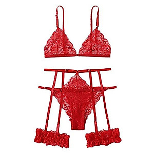 WDIRARA Women's 3 Pieces Mesh Floral Lace Scalloped Trim Garter Lingerie Set Red S