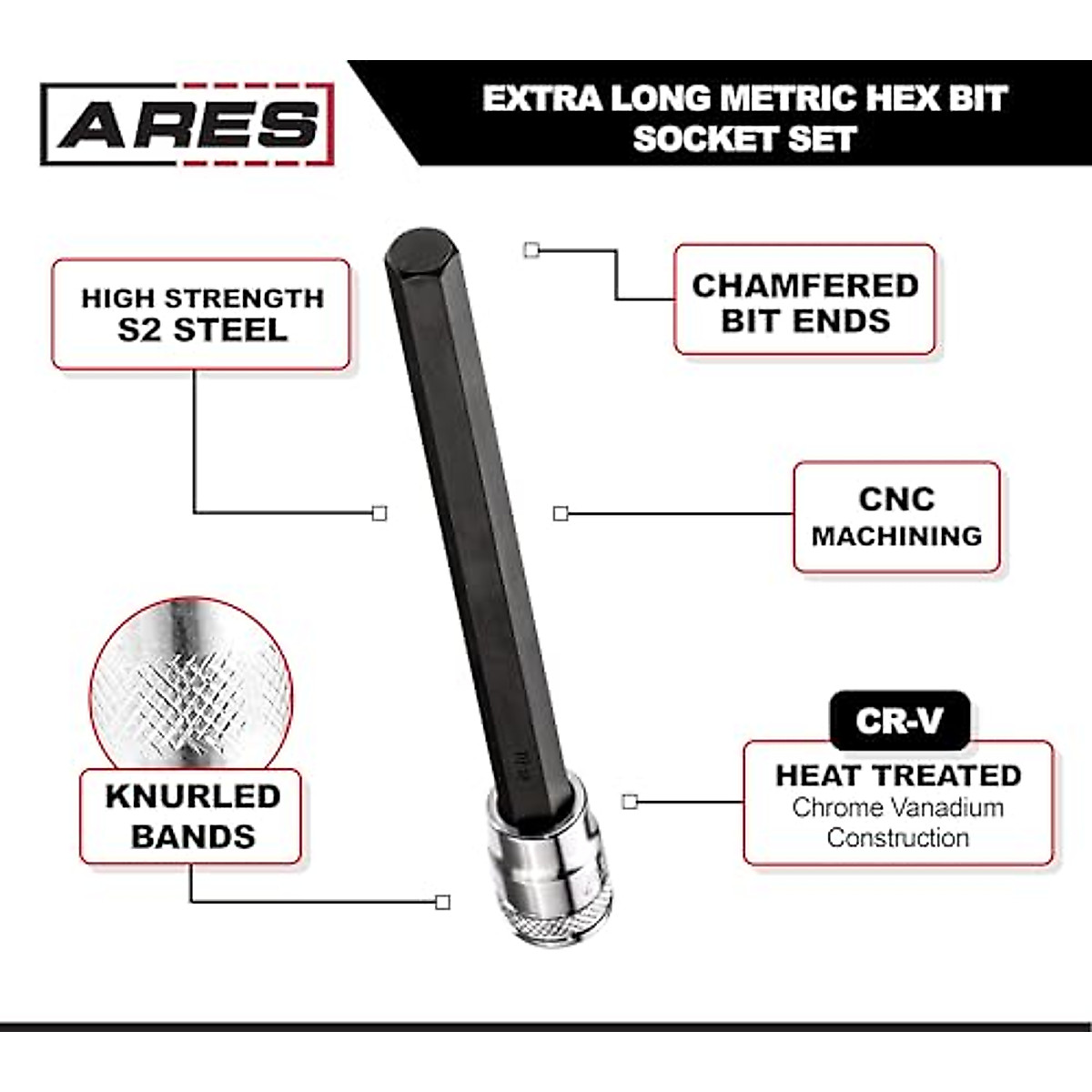 ARES 39007 - Extra Long Metric Hex Bit Socket Set - S2 Bit Provides Greater Torque - Convenient Storage Rail Included - Heat Treated Chrome Vanadium Steel Sockets