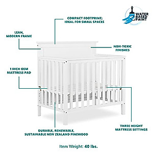 Dream On Me Ava 4-in-1 Convertible Mini Crib in White, Greenguard Gold Certified, Non-Toxic Finish, Comes with 1" Mattress Pad, with 3 Mattress Height Settings