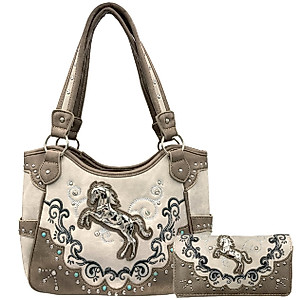 Zelris Floral Poppy Horse Western Women Conceal Carry Tote Handbag Purse Set (Beige Silver)