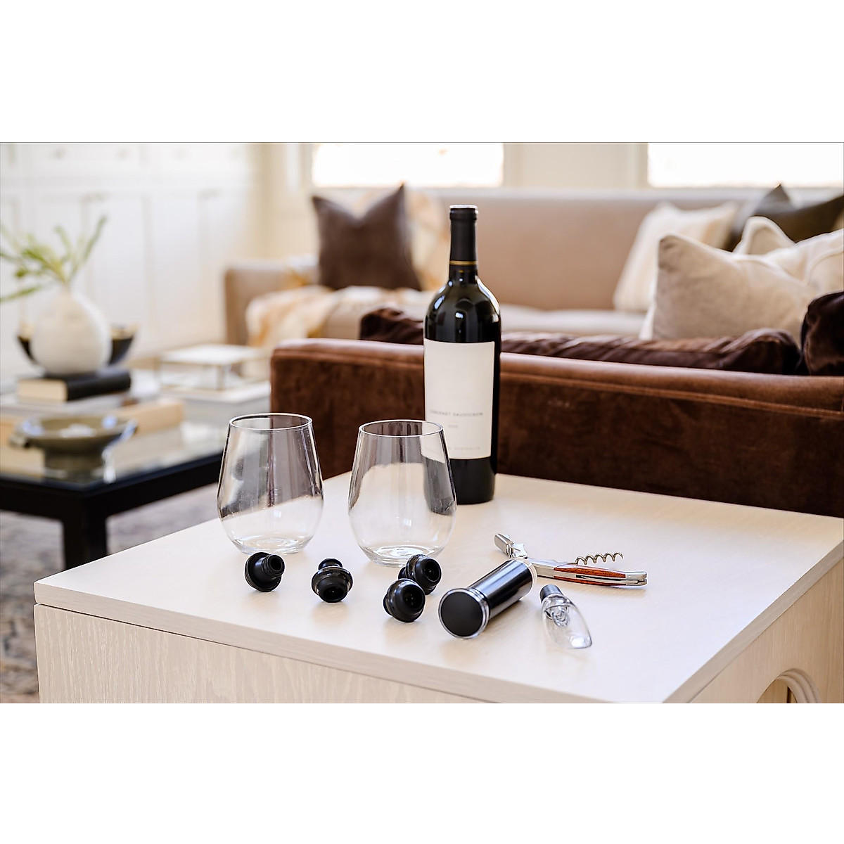 LEXABEL Wine Set - Unbreakable Tritan Wine Glasses Set of 2 with Bottle Opener, Aerator, Preserver & Stoppers - Perfect Accessories for Wine Lovers, Christmas & Halloween Wedding Gift (for Red Wine)