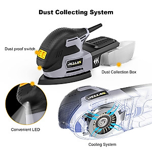 JELLAS Electric Detail Sander, 220W Compact Sander Machine for Wood, 13,000 RPM Sanders with Dust Collection, 16PCS Sandpapers, Finger Sanding Attachment and Sanding Pad Included, MS220T