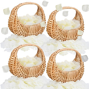 Uiifan 4 Sets Weddings Flower Girl Baskets with 4000 pcs Artificial Silk Rose Petals and Woven Wicker Rattan Basket with Handle and Flower Petals for Bridal Anniversary Party Decoration(Brown)