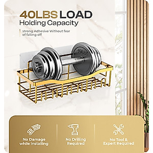 Luxury Style Stainless Steel Shower Caddy Set - Rustproof, Durable, and Adhesive Hanging Bathroom Organizer Kit with 5 Pieces | Shower Caddy Organizer | Bathroom Decor (Luxury Gold)