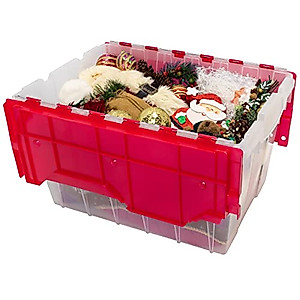 Akro-Mils 6648612-Gallon Plastic Stackable Storage KeepBox: Tote Container with Attached Hinged Lid, 21-1/2-Inch x 15-Inch x 12-1/2-Inch, Clear/Red