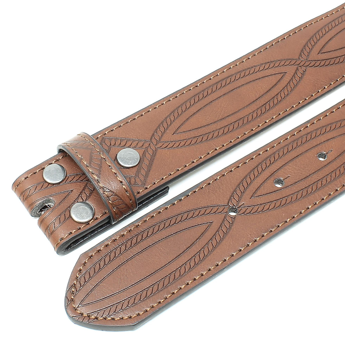 BC Belts Leather Belt Strap with Fancy Saddle Stitch Embossed Pattern 1.5" Wide with Snaps (Brown-S)