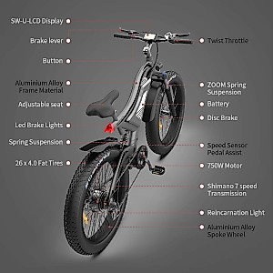 JUGTL Electric Bike Fat Tire 48V 15AH Removable Lithium Battery Mountain Bicycle Shimanos Bicycle Full Suspension MTB Bikes for Adults (Grey)
