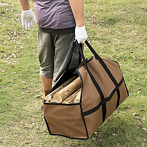 Petutu Firewood Carrier 2 Pack, Large Canvas Log Carriers Tote, Fireplace Wood Holder Accessories(Brown)
