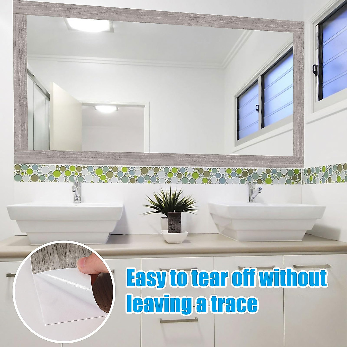 NORSENS 3.93" x 393" Grey Wood Grain Wallpaper Border, Mirror Frame Peel and Stick, Removable PVC Waterproof Kitchen Bathroom Wall Decor