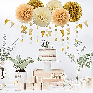 White Gold Champagne Party Decorations - 23pcs Tissue Pom Poms Streamers,Christmas Wedding Engagement Tassel Garland Banner,Bachelorette Neutral Birthday Baby Bridal Shower Decor Lasting Surprise