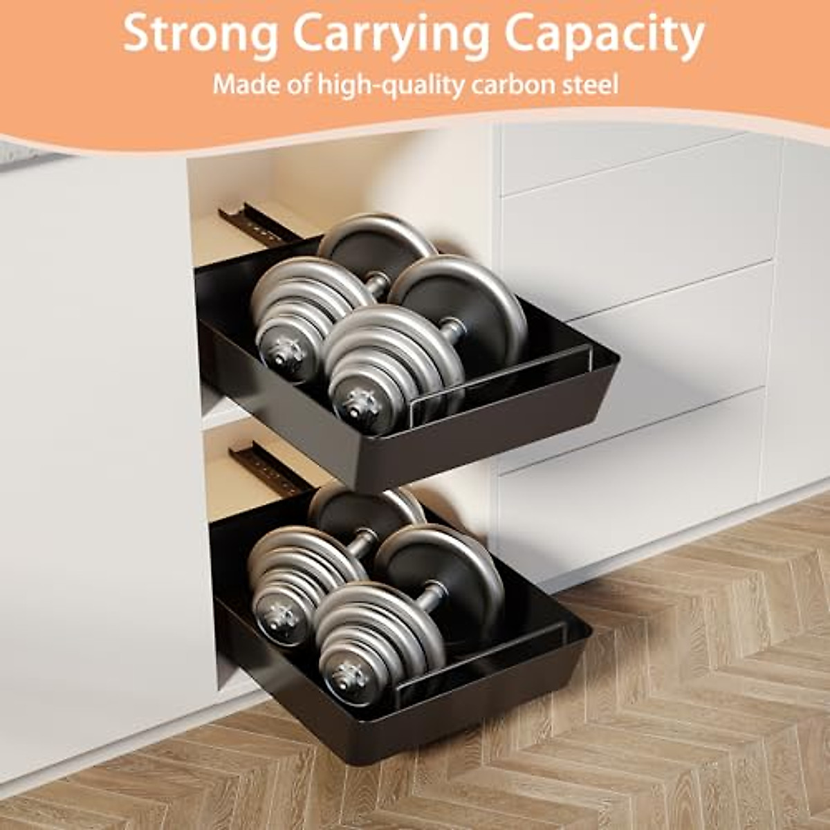 Sicamin 2 Pack Peel and Stick Pull Out Drawers for Cabinets, Adhesive Slide Out Drawers for Kitchen Cabinets Organizer, No Hardware Sliding Shelves Pantry Storage, 11.8”W x 16.5”D x 4.52" H, Black