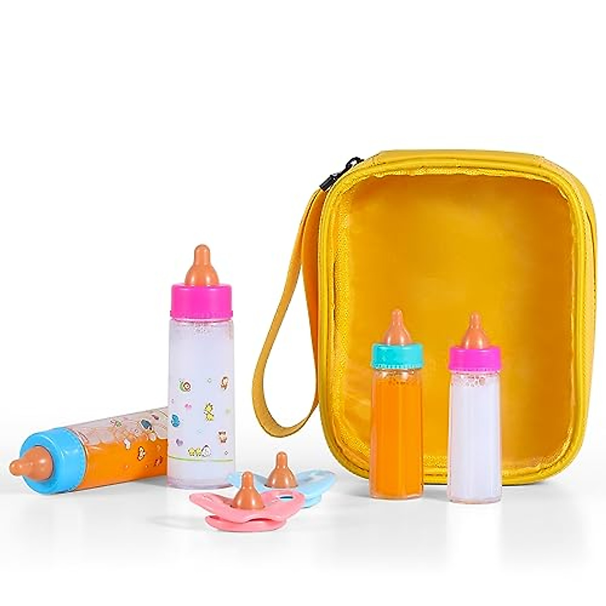 Kaydora Magic Disappearing Milk and Juice Bottles with Pacifiers for Baby Doll Accessories,6 Pieces Pretend Play Feeding Toy Set, 4 Bottles and 2 Pacifiers