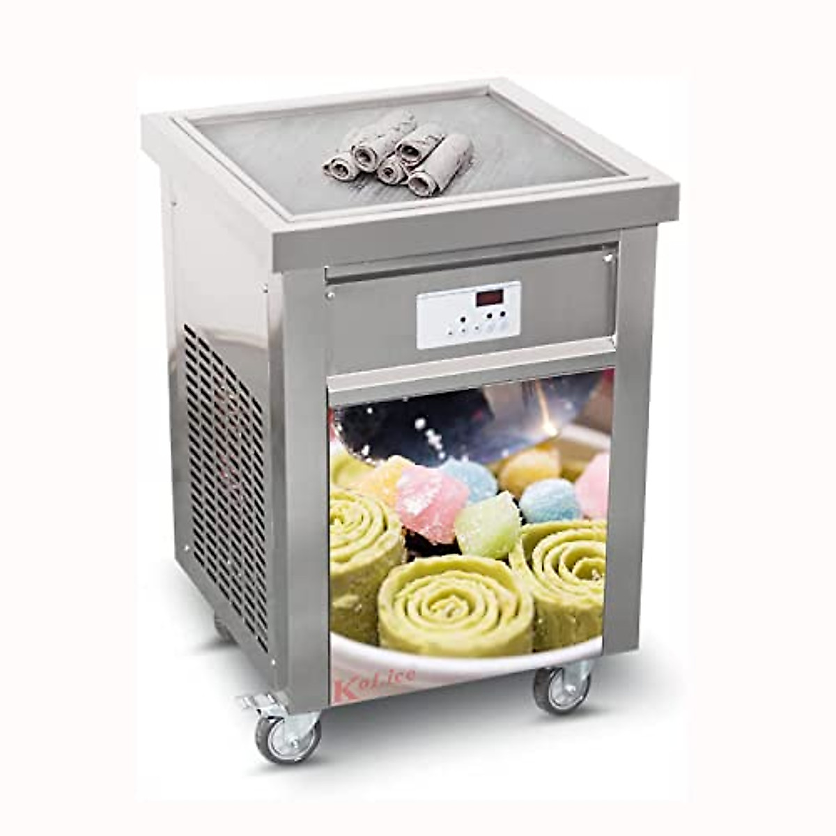 Kolice Commercial ETL NSF UL certificated 21"x21"(52x52cm ) single square ice pan fried ice cream machine, frozen yogurt roll ice cream machine, fry ice cream roll machine-auto defrost, smart AI temperature control