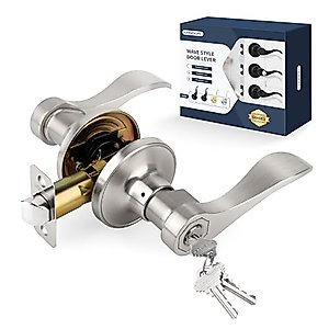 LOQRON Wave Style Door Lever Keyed Entry Door Handle with Lock, Entrance Lever Reversible for Left/Right Handed for Office or Front Door with Satin Nickel Finish, 1 Pack