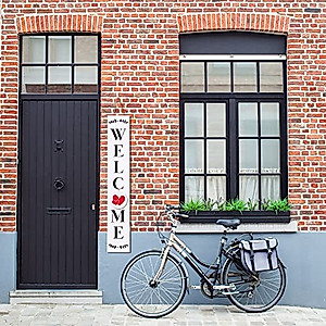 Monjita Welcome Sign for Front Porch Standing, Interchangeable Welcome Standing Sign with 5 Designed Double-Sided Icons for Front Door, All Seasonal Farmhouse Rustic Modern Porch Decor for Fall Harvest Thanksgiving Christmas, 47 x 7.9 Inch Wooden Vertical