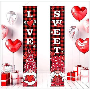 Gnome Valentine's Day Porch Sign Heart Banner Sweet Love XOXO Cutouts Door Sign Porch Sign Outdoor Indoor Be Mine Valentines Day Party Hanging Decor (RED)