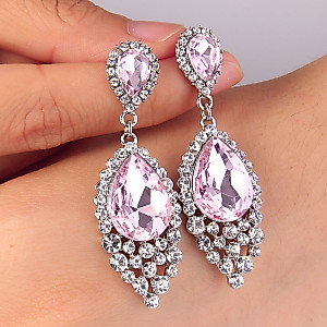 BriLove Wedding Bridal Dangle Earrings for Women Crystal Teardrop Cluster Beads Chandelier Earrings Pink Tourmaline Color Silver-Tone