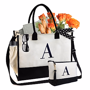BeeGreen Gifts for Coworkers Mom Personalized Tote Bag Initial Canvas Tote Embroidery Bag Unique Monogram Gift Basket with Makeup Bag & Zipper Pouch for Office Teacher Hostess Sister A