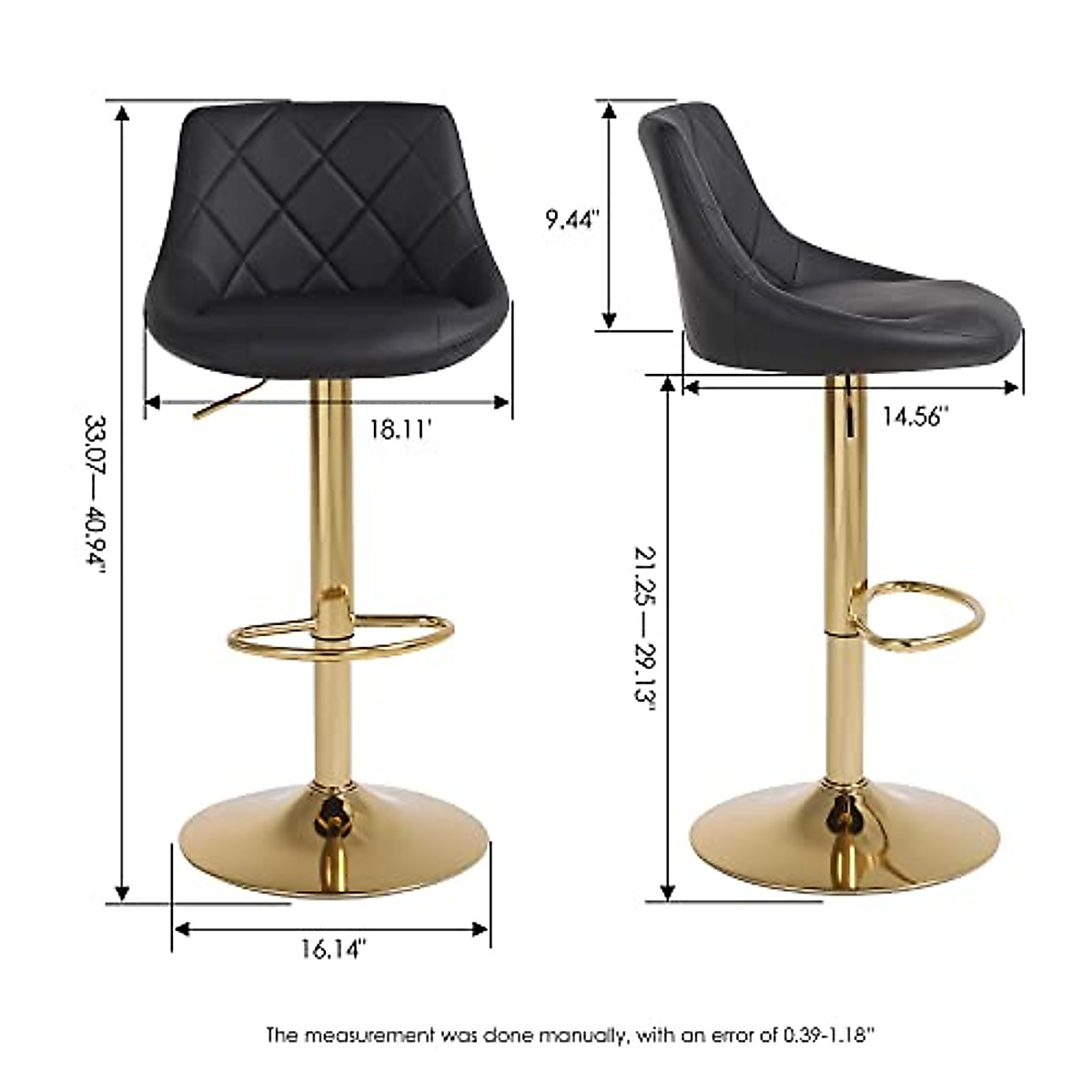 Chummaven Black PU Leather Swivel Counter Height Bar Stools, Adjustable Bar Chairs Set of 2, Modern Barstools Lift Stools with Mid Back and Gold Footrest for Kitchen Pub Dining Room Counter