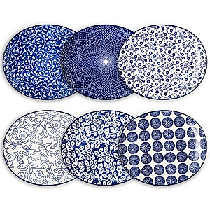 Selamica Porcelain Shallow Oval Dinner Plates, 8 inch Dessert Pasta Salad Curve Plates, Microwave/Dishwasher/Oven safe, Set Of 6, Vintage Blue