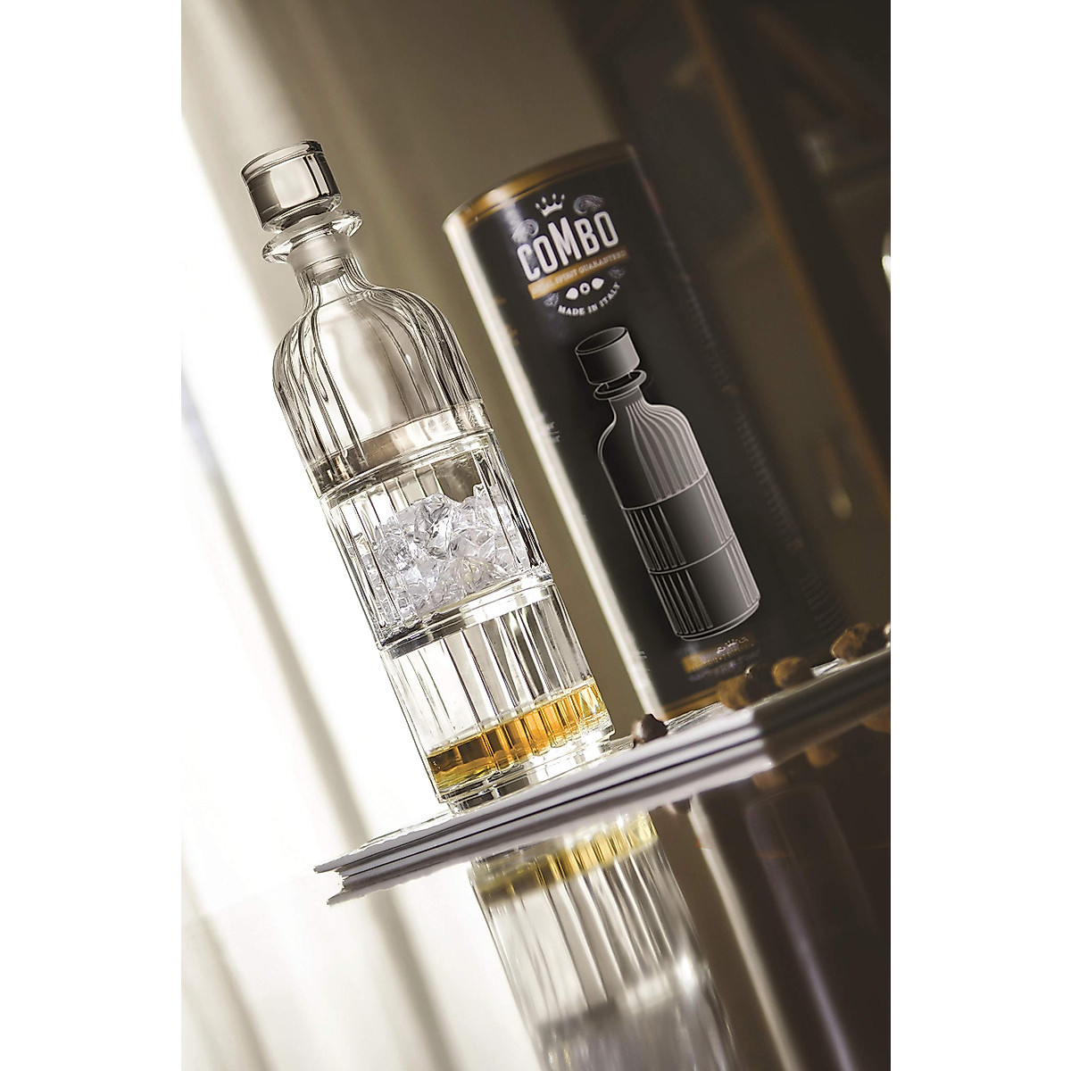 Glass 3 Pc Set, Crystal Glass Whiskey Decanter with 2 Tumblers, Stackable, Double Old Fashioned Tumblers, DOF, Decanter is 12 Oz, Each D.O.F. Tumbler is 12 Oz, by Barski, Made in Europe